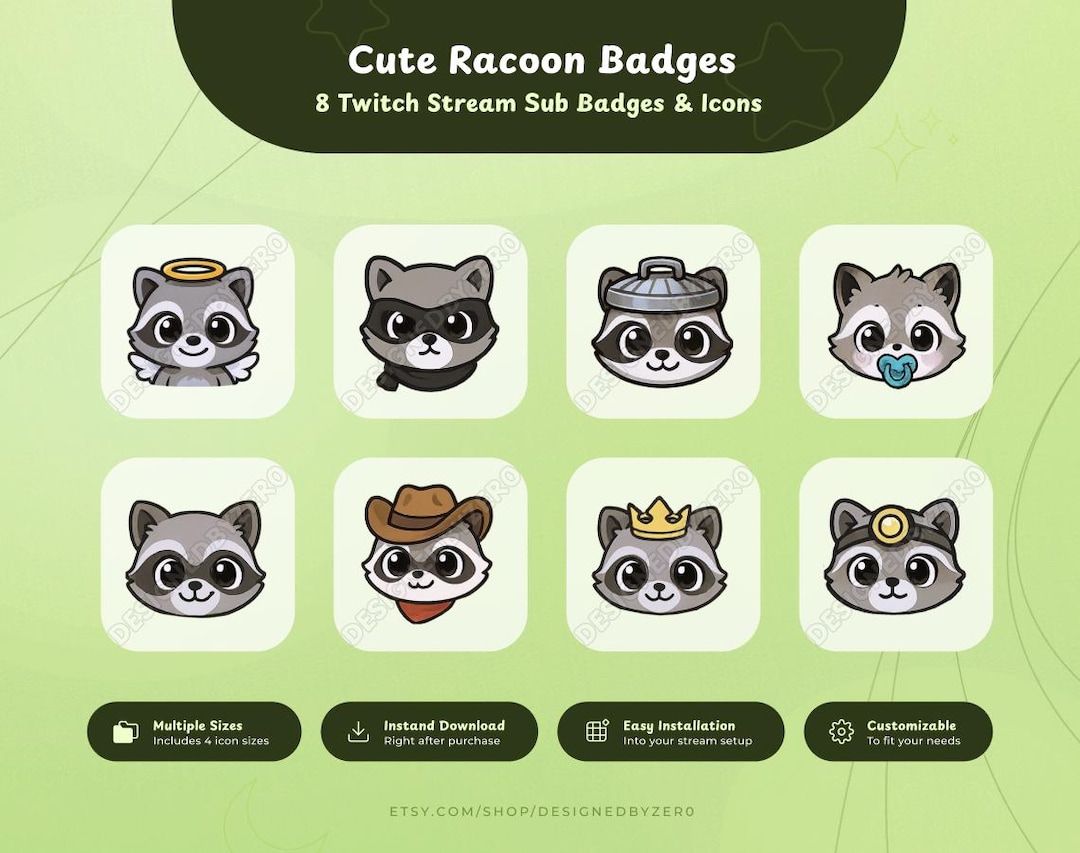 8 Cute Racoon Icons | Twitch Sub Badge | Cheer Badge | Bit Badge ...