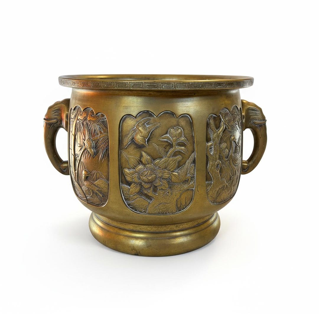 Hand-engraved Brass Jardinière | Asian Revival Cachepot With Elephant ...