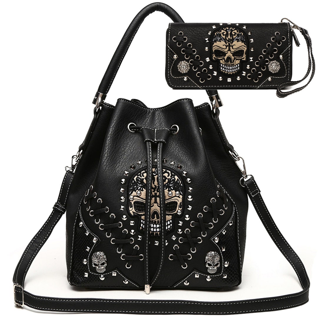 Sugar Skull Punk Handbag Studs Drawstring Magnetic Snap Closure ...