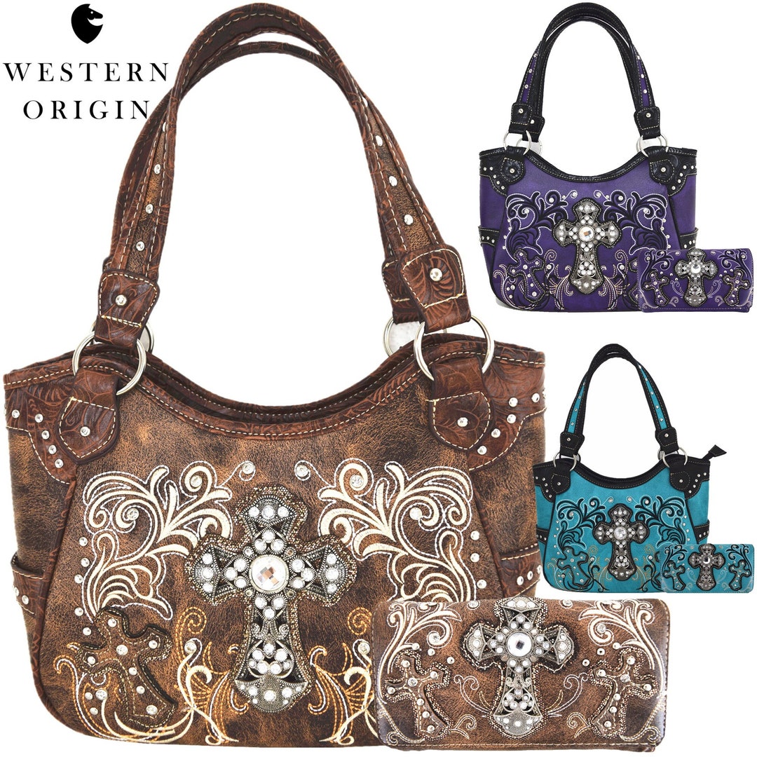 Western Style Embroidery Floral Rhinestone Cross Studded Country Totes ...