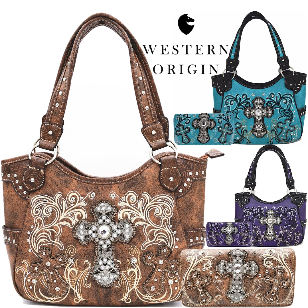 Western Style Rhinestone Cross Totes Embroidered Floral Tooled Leather ...