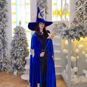 Enchanting Adult Blue Wizard Halloween Costume Set: Cape, Hat, and ...
