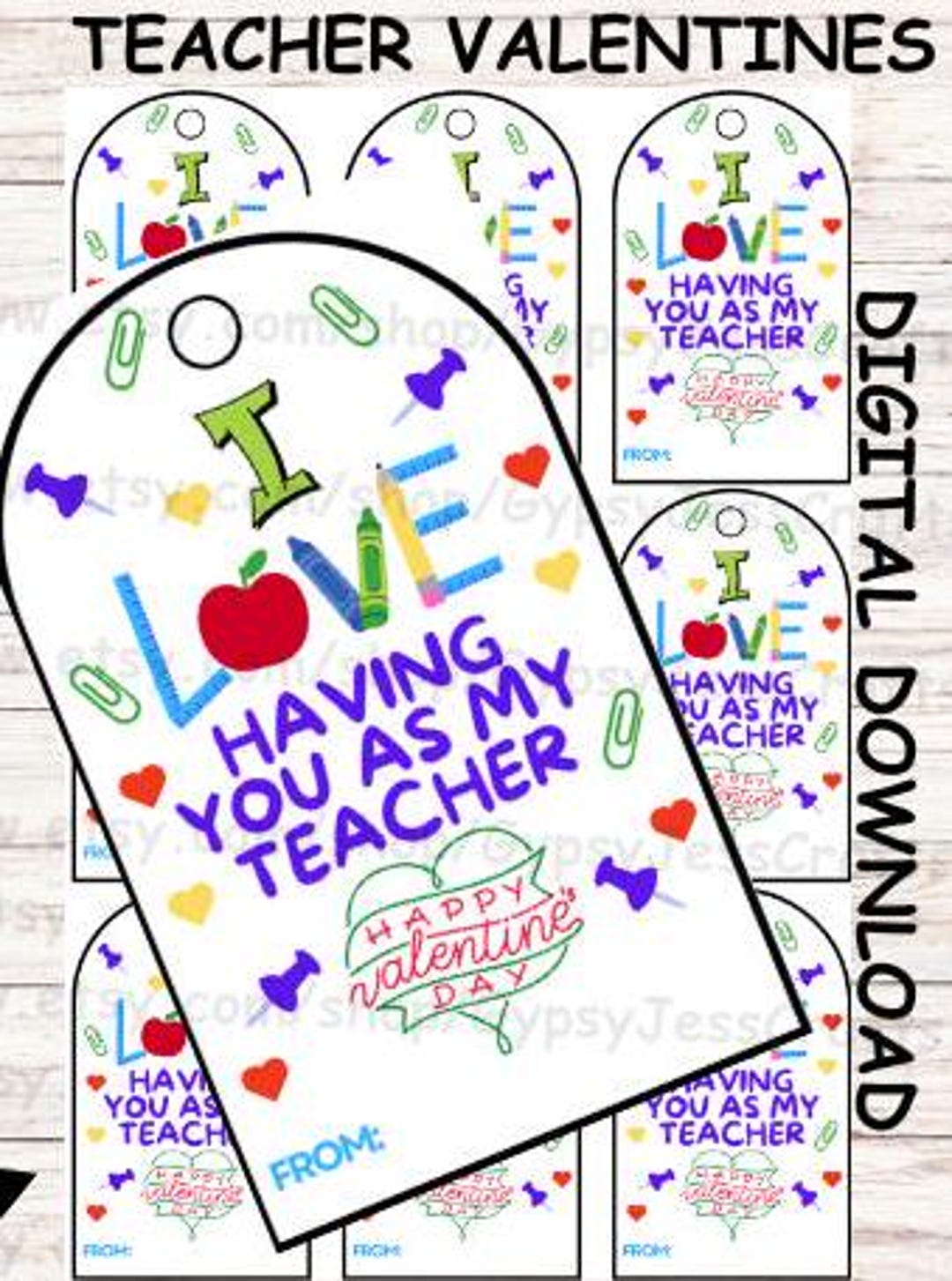 Printable Teachers Valentines Card, Teacher Valentine Gift Tag ...