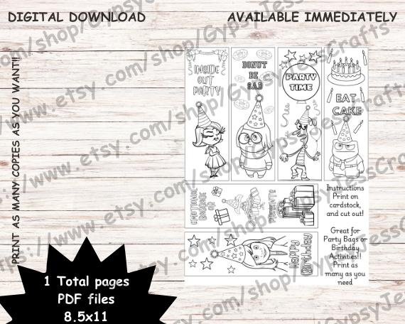 Inside Out Birthday, Inside Out Coloring, Birthday Coloring Bookmarks ...
