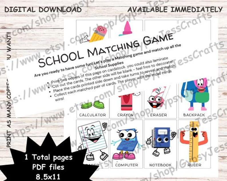 Back to School Digital Memory Game, Back to School Instant Download ...