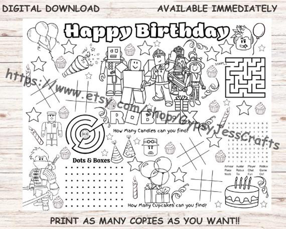 Roblox Birthday Placemat, Roblox Coloring, Birthday Party Favors ...