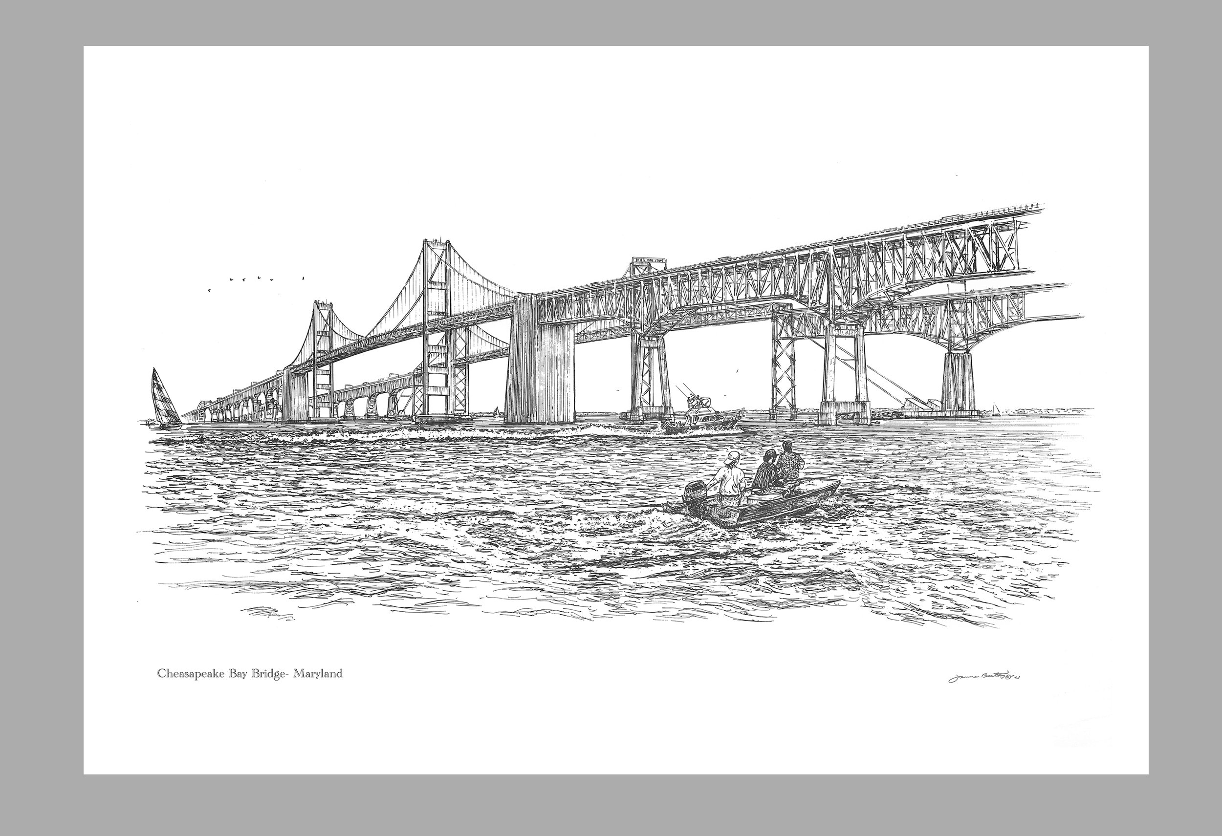 Chesapeake Bay Bridge Maryland Pen Line Art Graphic Wall Decor for Home ...