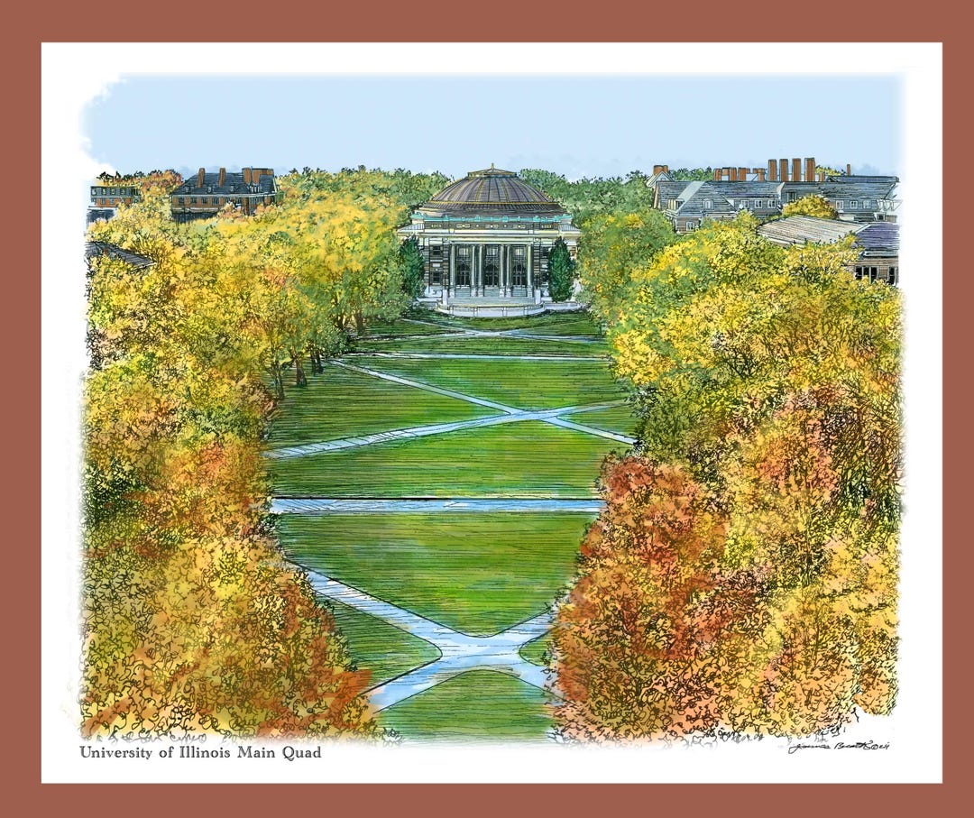 University of Illinois Main Quad Rendered Water Color and Ink Wall ...