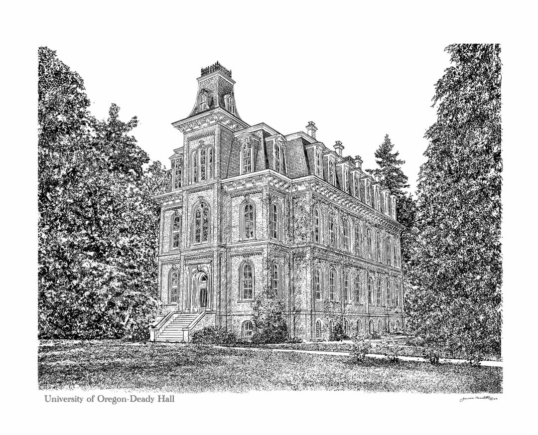 University of Oregon Iconic University Hall Built in 1876 Pen & Ink ...