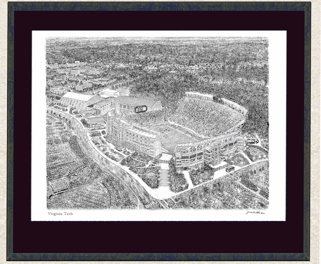 Va Tech Campus Football Game Art Print Pen & Ink With Water Color ...