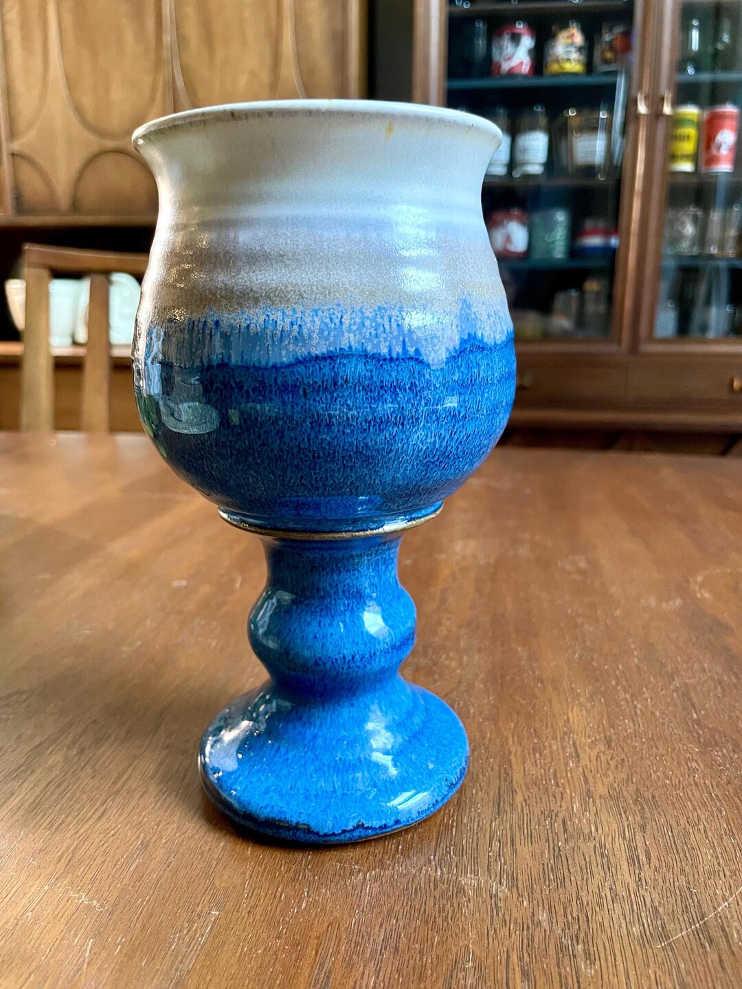 Pottery Handmade Stoneware Wine Goblet Chalice Artist Signed | Blue Tan ...