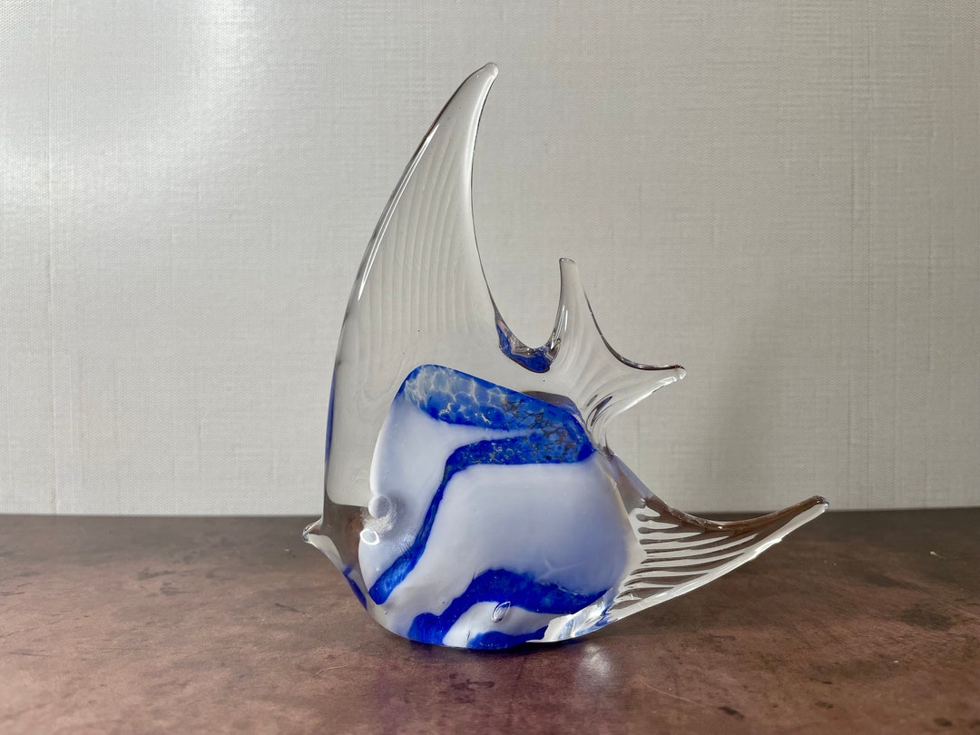 Art Glass Fish Blown Glass Blue and White Angel Fish Paperweight Murano ...