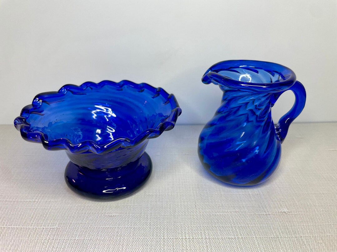 Vintage Blue Handblown Art Glass Pitcher + Small Decorative Bowl - Etsy