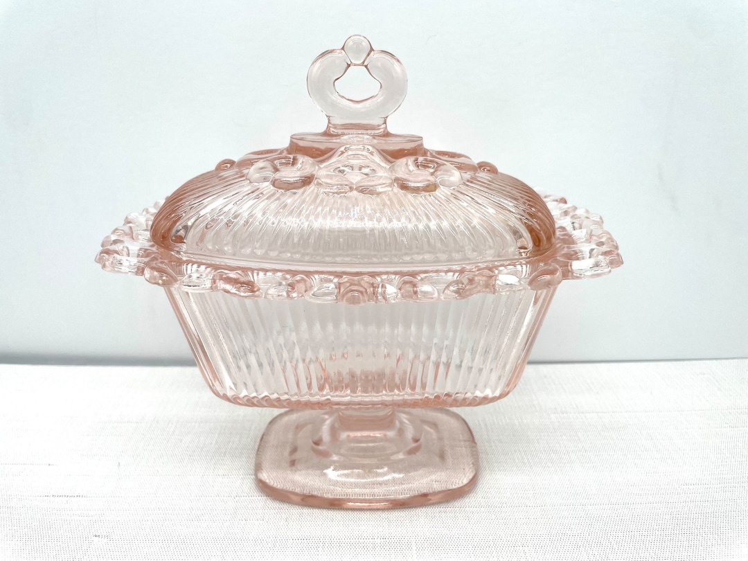 Vintage Indiana Glass Pink Pedestal Lace Edge Pattern Compote Covered ...