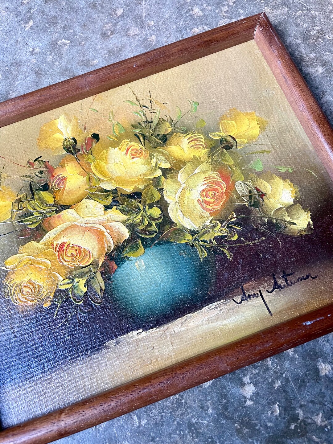 Vintage Signed Amy Autumn Hand Painted Floral Arrangement Art on Wood ...
