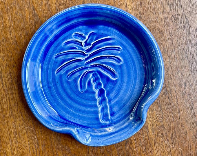 Handmade Bright Blue Palm Tree Pottery Ceramic Dish, Spoon Rest ...