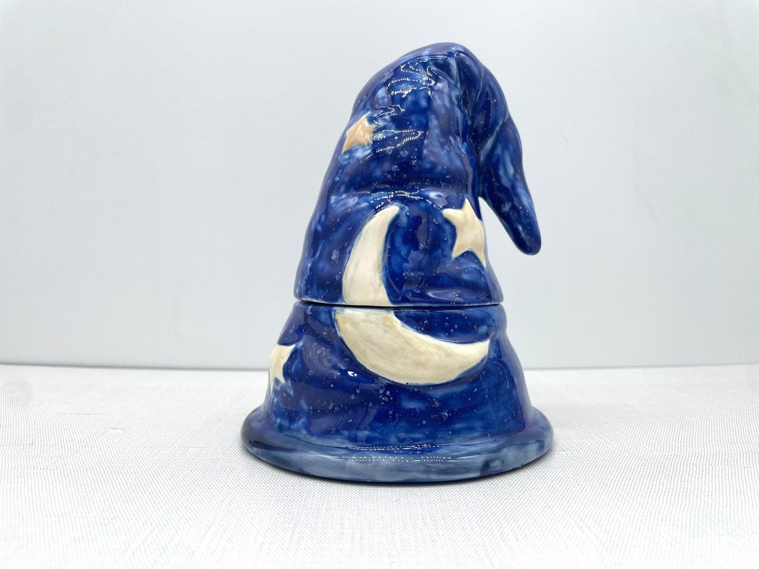 Handmade Hand Painted Ceramic Wizard Hat Lidded Dish, Sorcerer Moon and ...