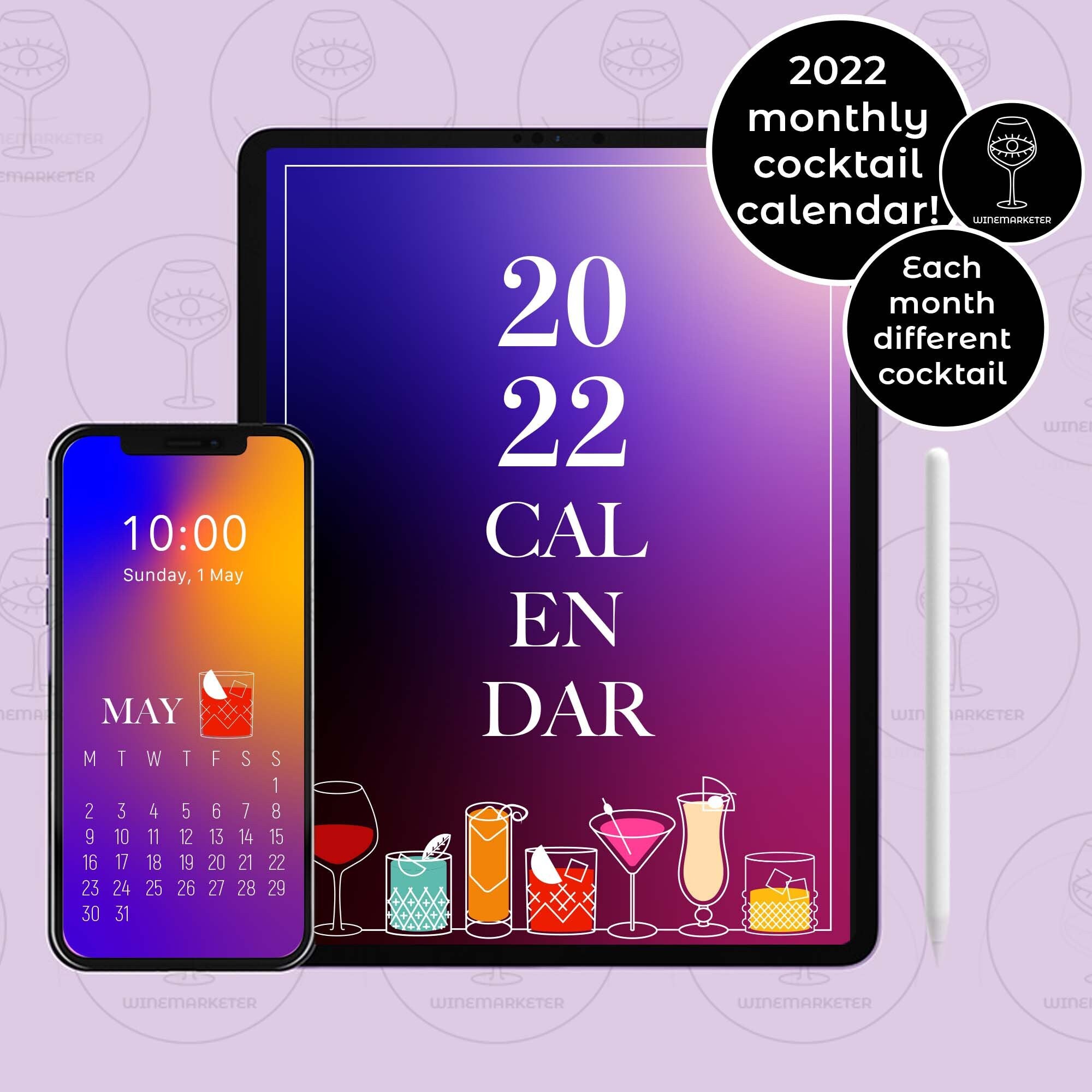 PRINTABLE Calendar 2022 | Cocktail Calendar | Digital Calendar 2022 ...