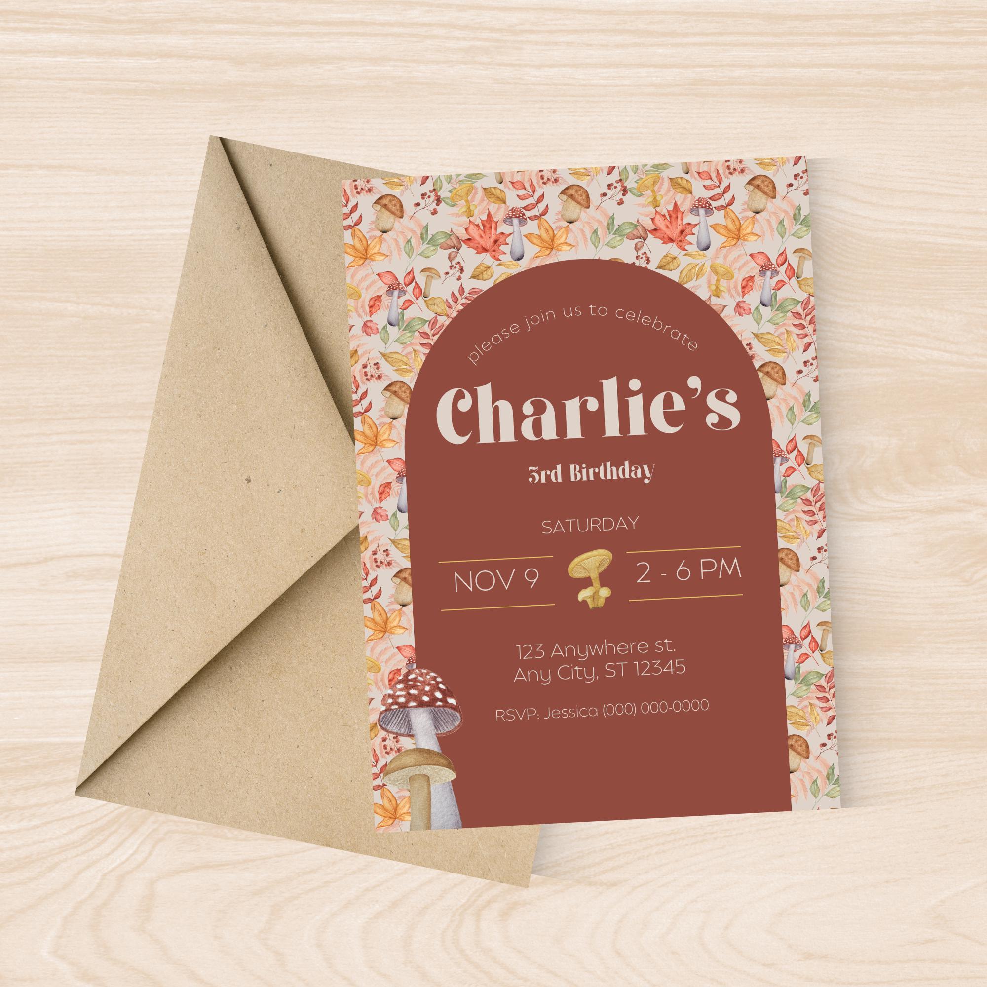 Mushroom-themed Birthday Invitation, Custom Digital Download, Woodland ...