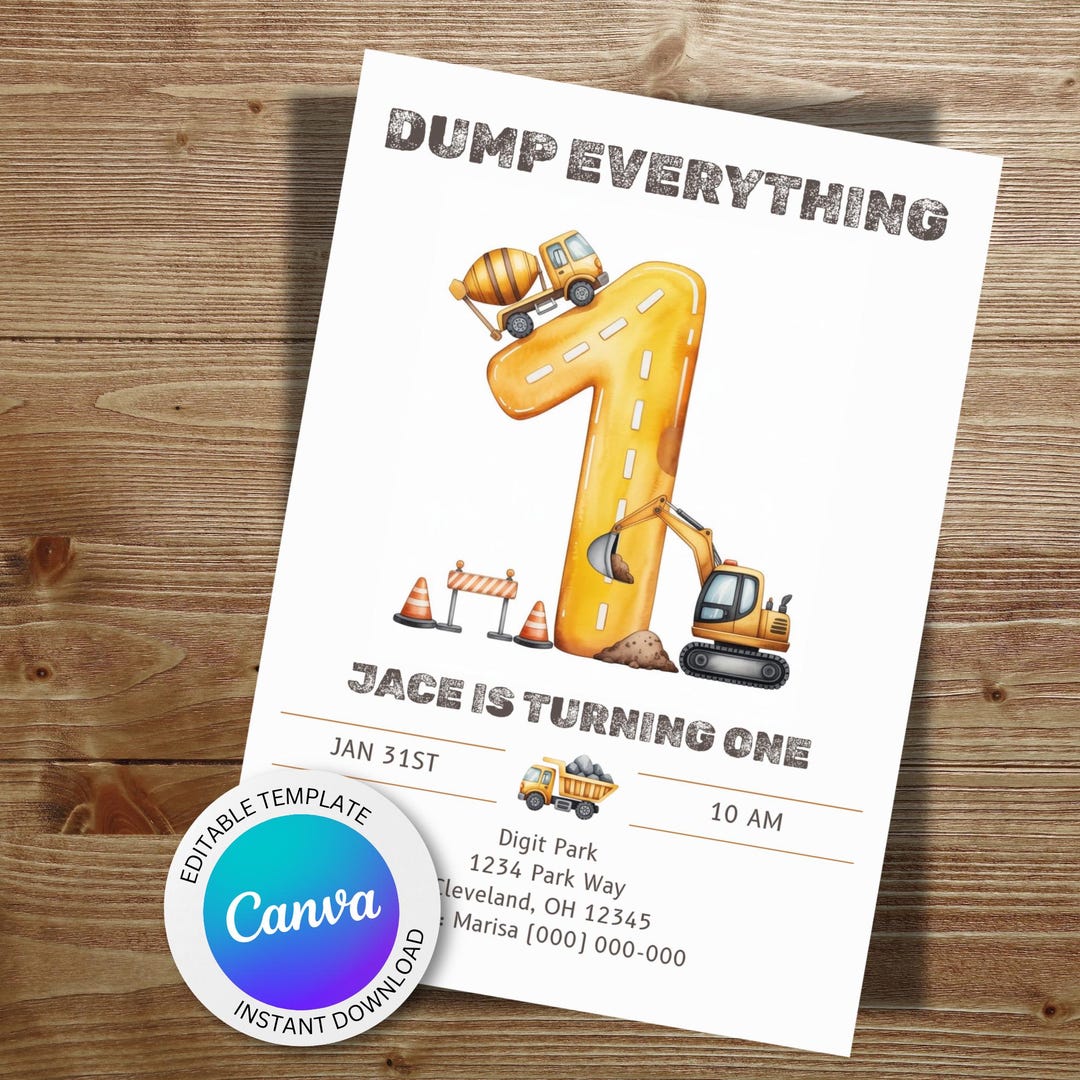 Construction Birthday Invitation, Dump Everything, First Birthday ...