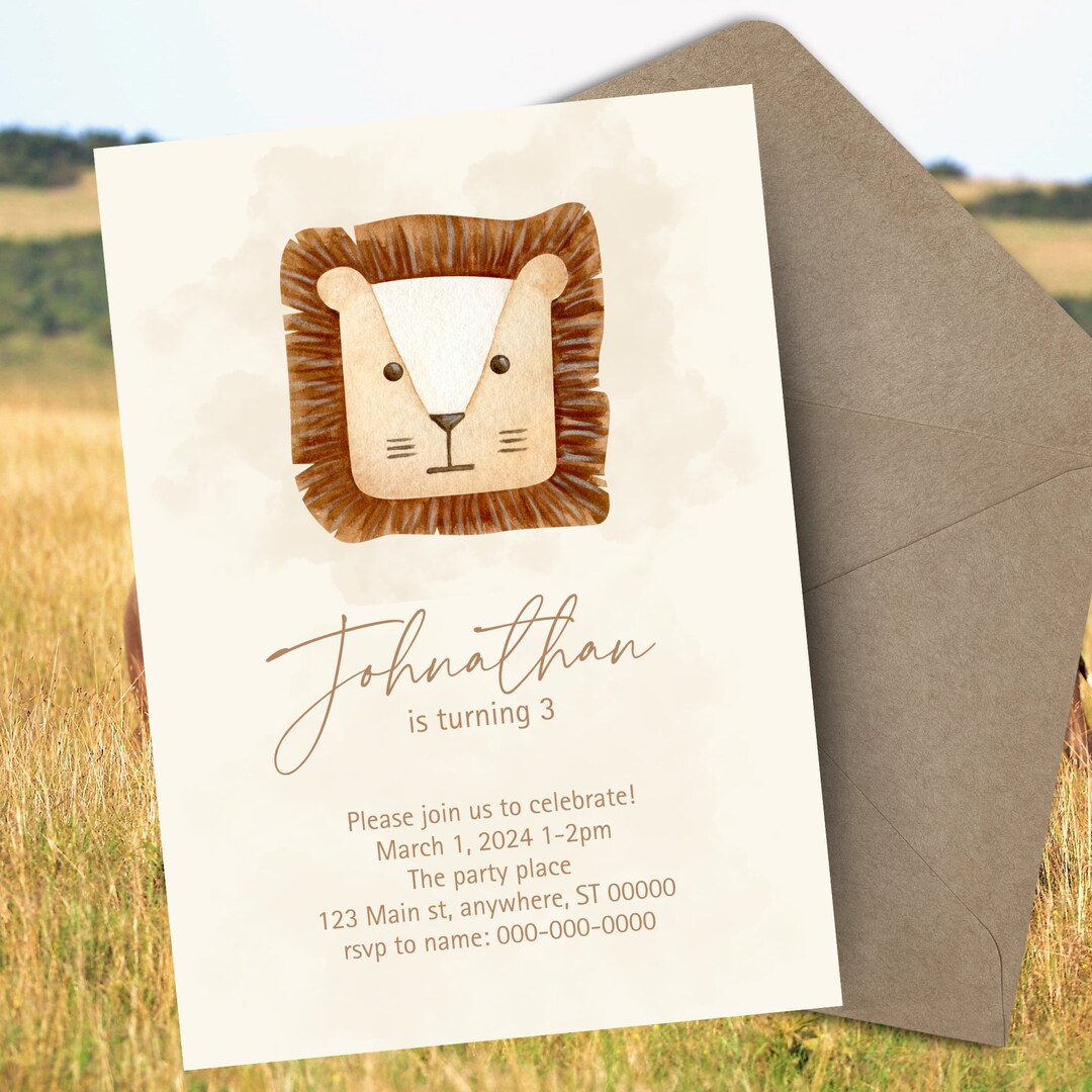 Editable Lion Head Birthday Invitation Template - Personalized Safari ...