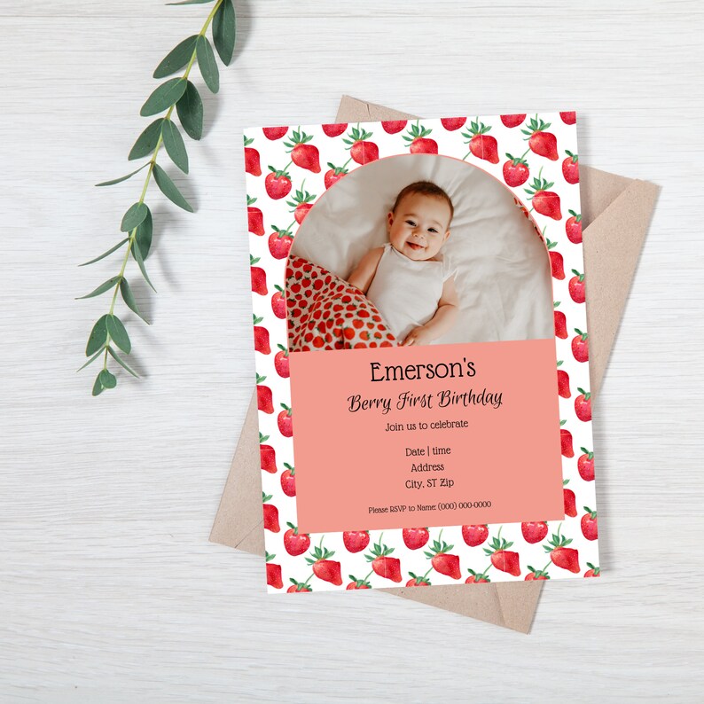 Berry First Birthday Invitation With Photo - Customizable Digital ...