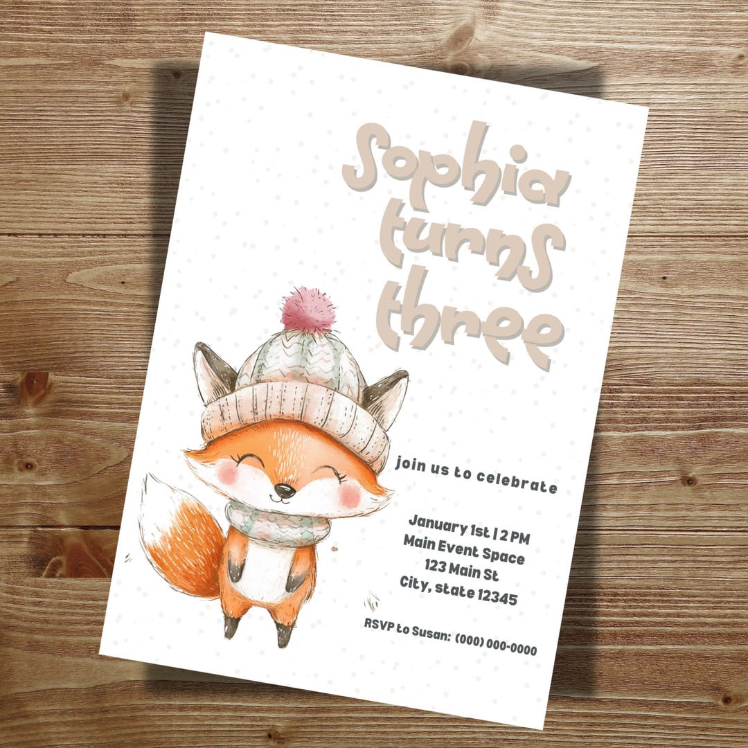 Custom Fox Birthday Invitation - Woodland Winter Theme, Cute & Cozy ...