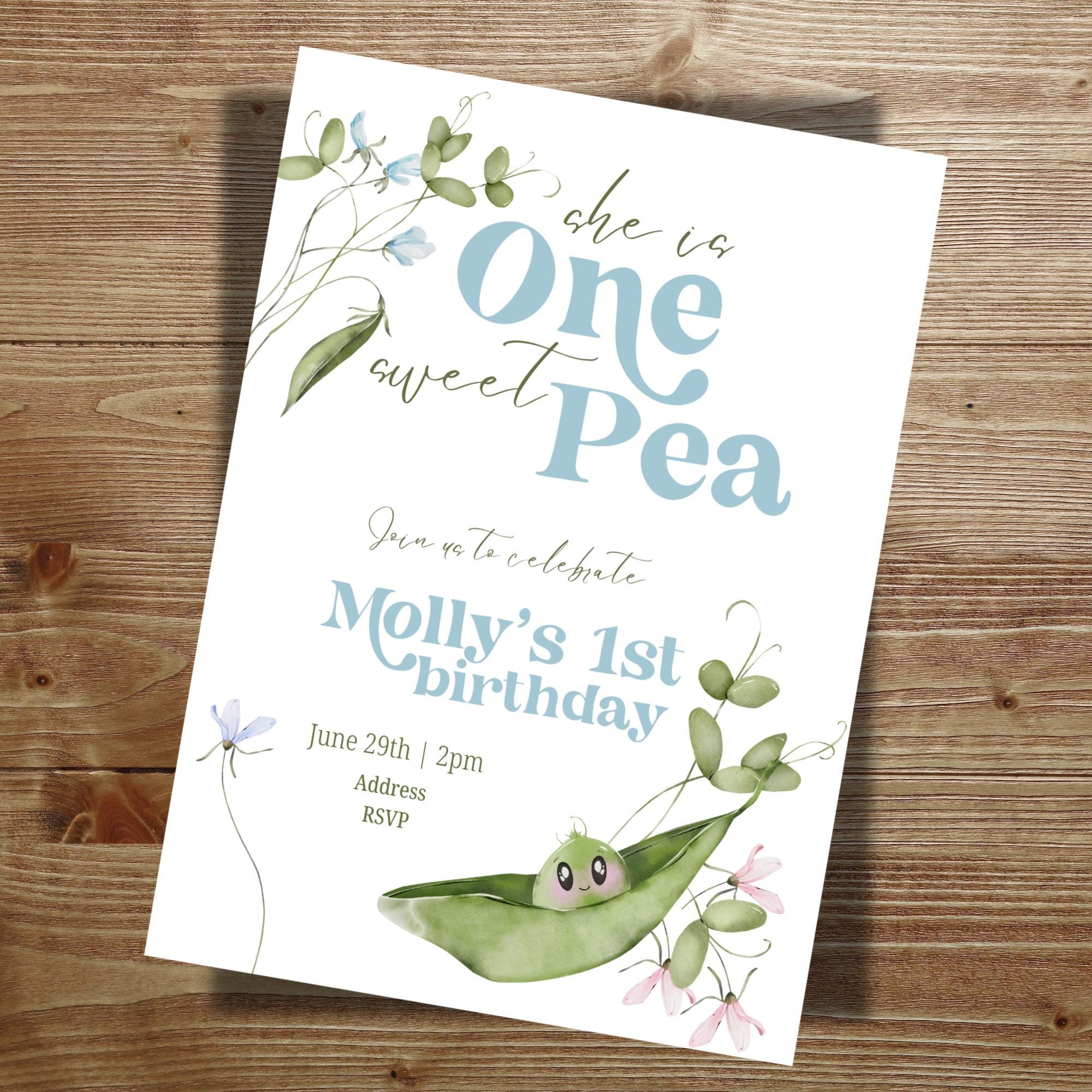 One Sweet Pea First Birthday Invitation Custom Digital Download Sweet ...