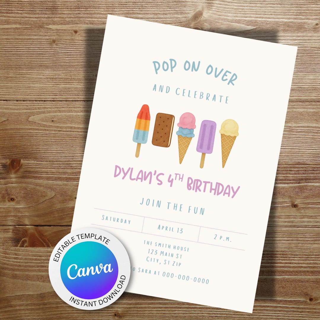 Summer Birthday Invitation – Editable Party Invite Template, Ice Cream ...