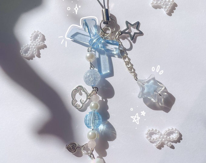 Blue Phone Charm Beaded Flower Phone Strap With Heart Charm Fairycore ...