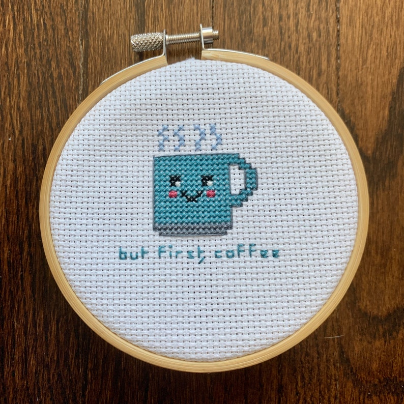 But First Coffee - Teal Coffee Mug Cute 3 Inch Cross Stitch Pattern ...