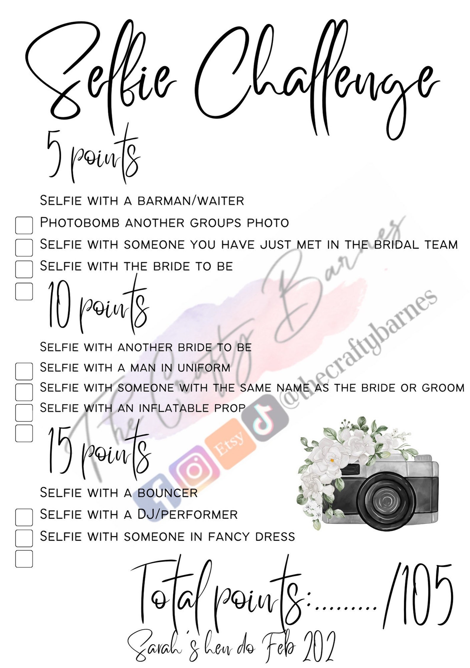Personalised Selfie Challenge Cards, Hen Party Cards, Printed Cards ...