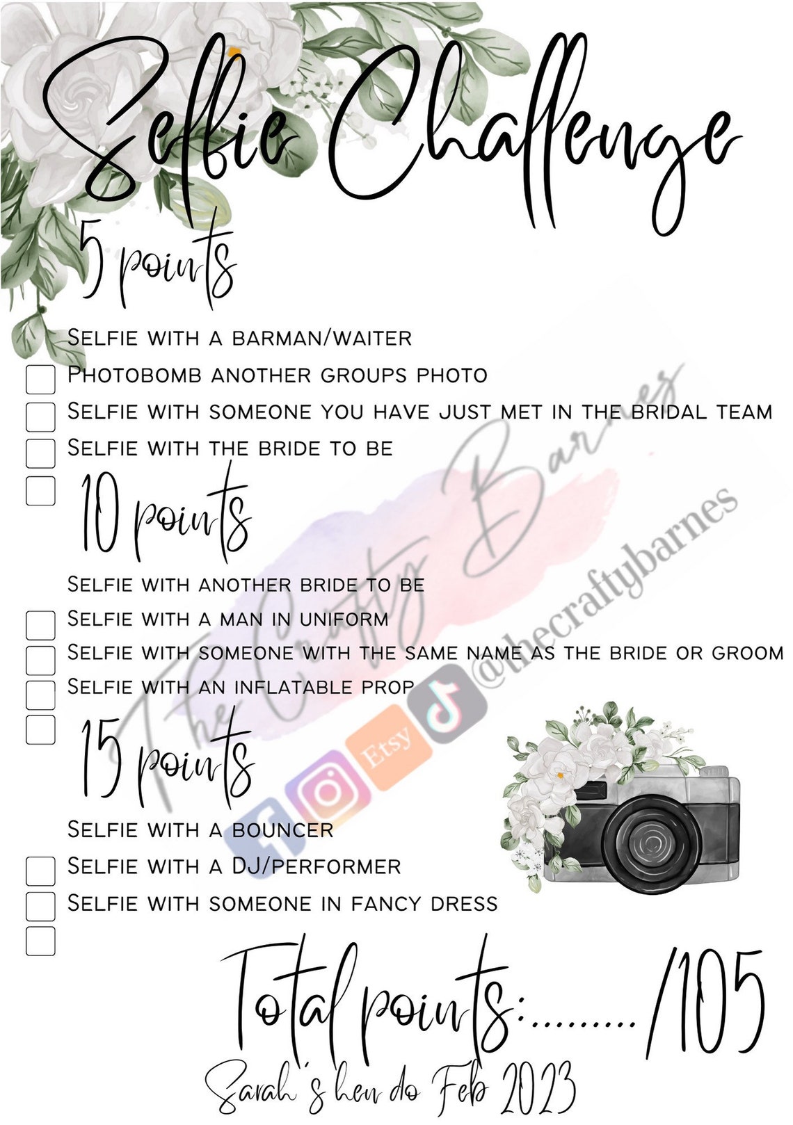 Personalised Selfie Challenge Cards, Hen Party Cards, Printed Cards ...