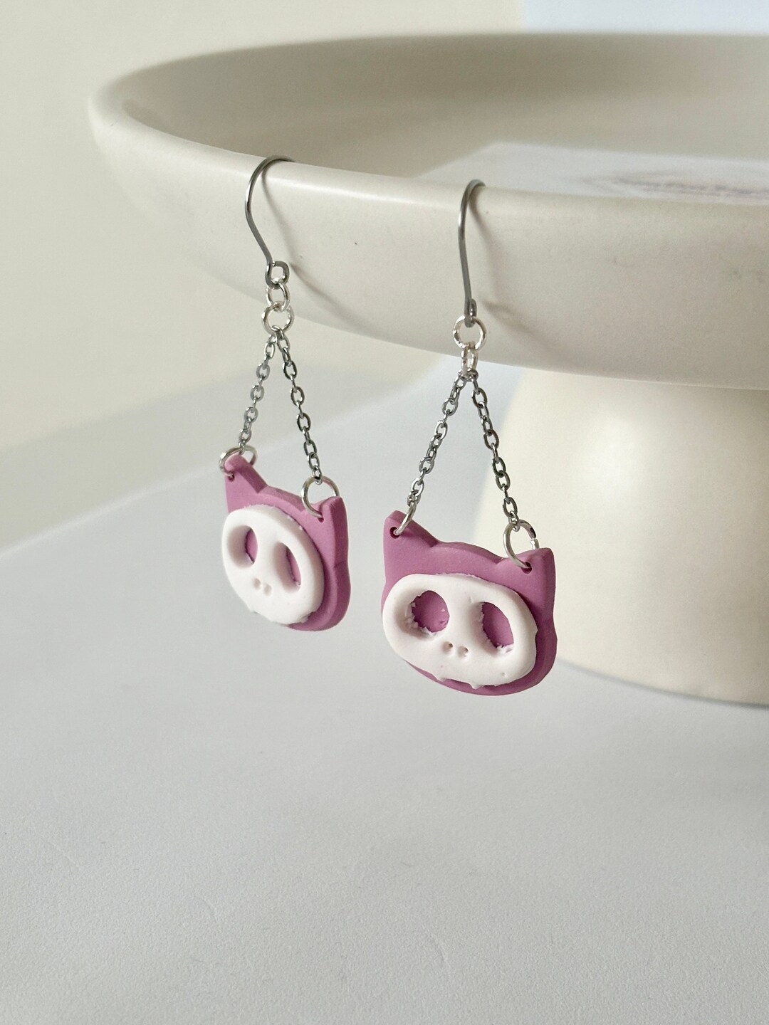 Pink Cat Head and Cat Skull Hanging by a Chain Halloween Polymer Clay ...