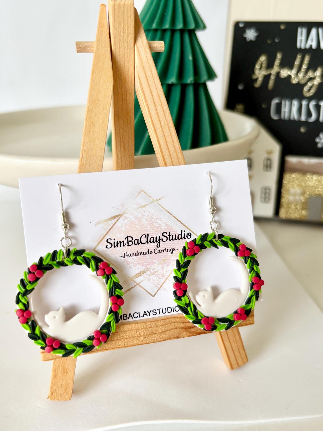 Christmas Polymer Clay Wreath Cat Earrings With Red Holly Berries ...