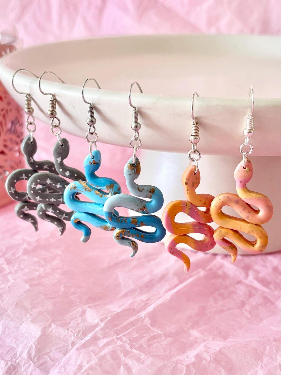 Pink and Orange Mini Polymer Clay Snake Earrings / Snake Dangle ...