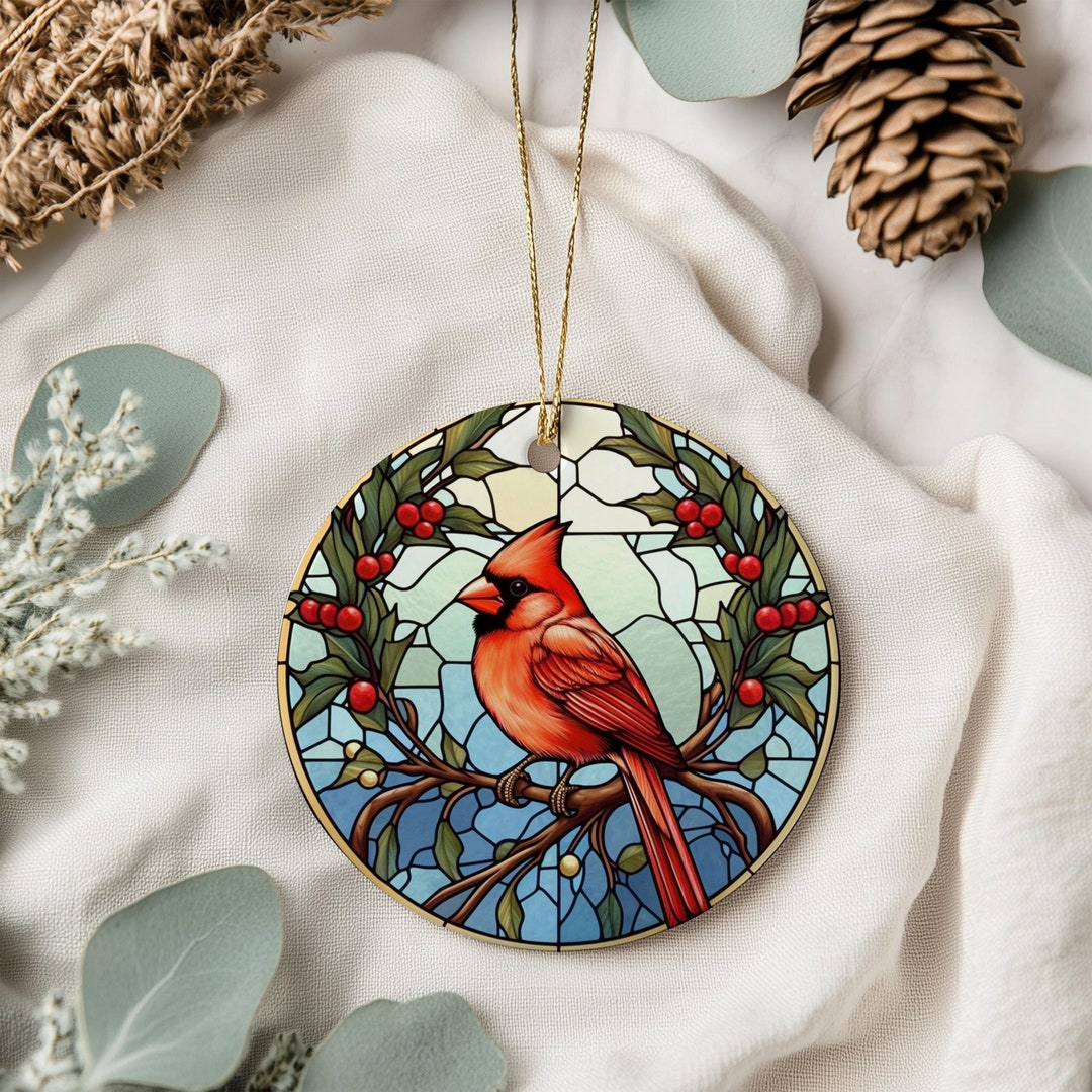 Cardinal Stained Glass Ornament, Christmas Faux Stained Glass Ornament ...