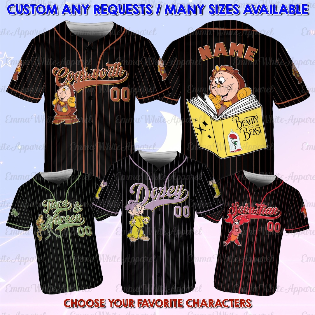 Disney Sidekicks Full Cast Jersey, Cogsworth Naveen Dopey Sebastian ...