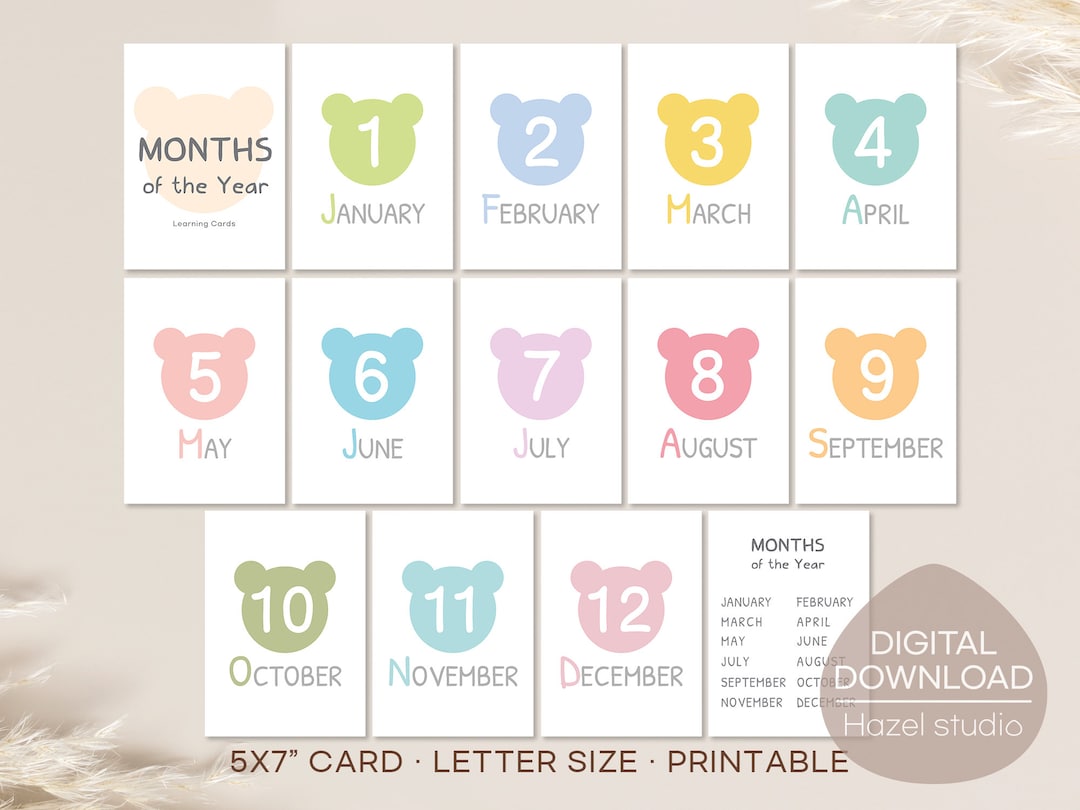 Months of the Year Flash Cards, Learning Cards, Montessori Materials ...