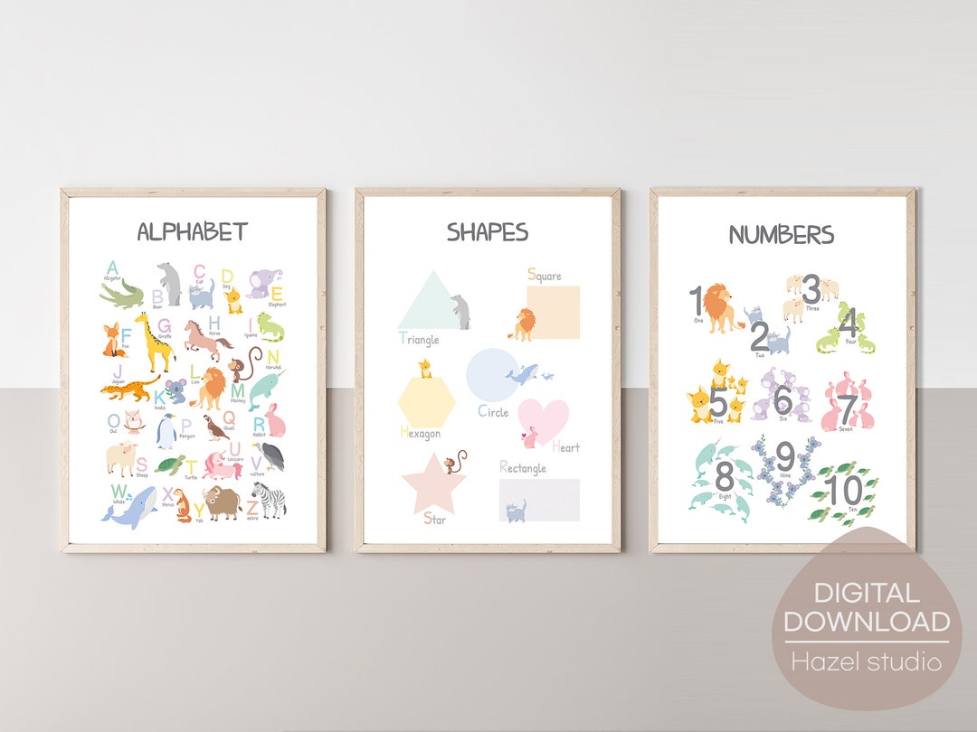 Educational Posters Set of 3, Alphabet,shapes, Numbers Prints ...