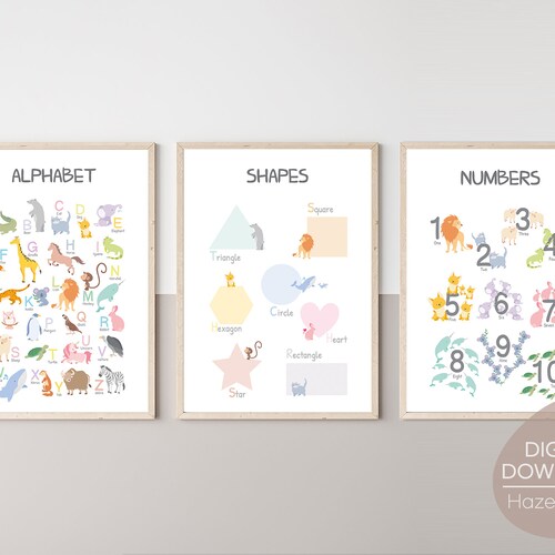 Educational Posters Set of 3 Alphabetshapes Numbers Prints - Etsy