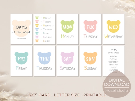 Day of the Week Flash Cards Days Cards Montessori Materials - Etsy