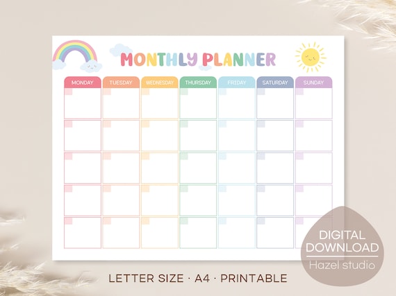Kids Monthly Planner Rainbow Daily Planner Homeschool - Etsy