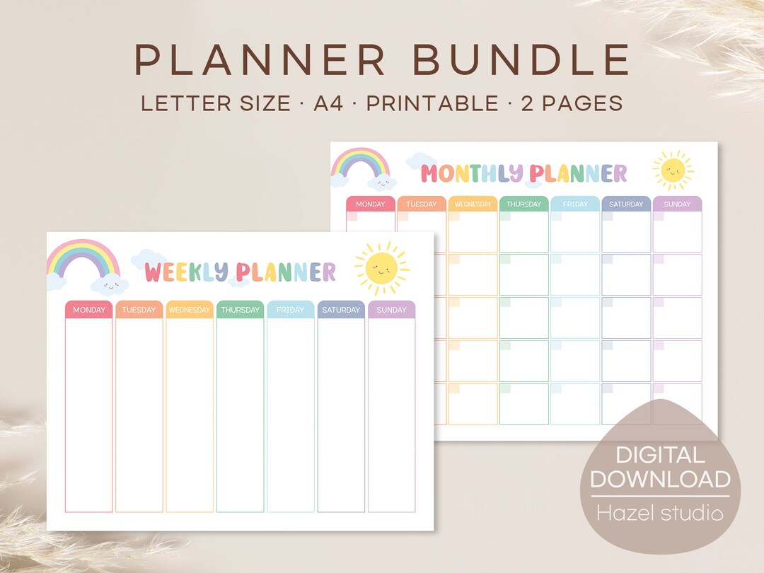 Kids Planner Bundle, Rainbow Planner Set, Weekly Planner, Monthly ...