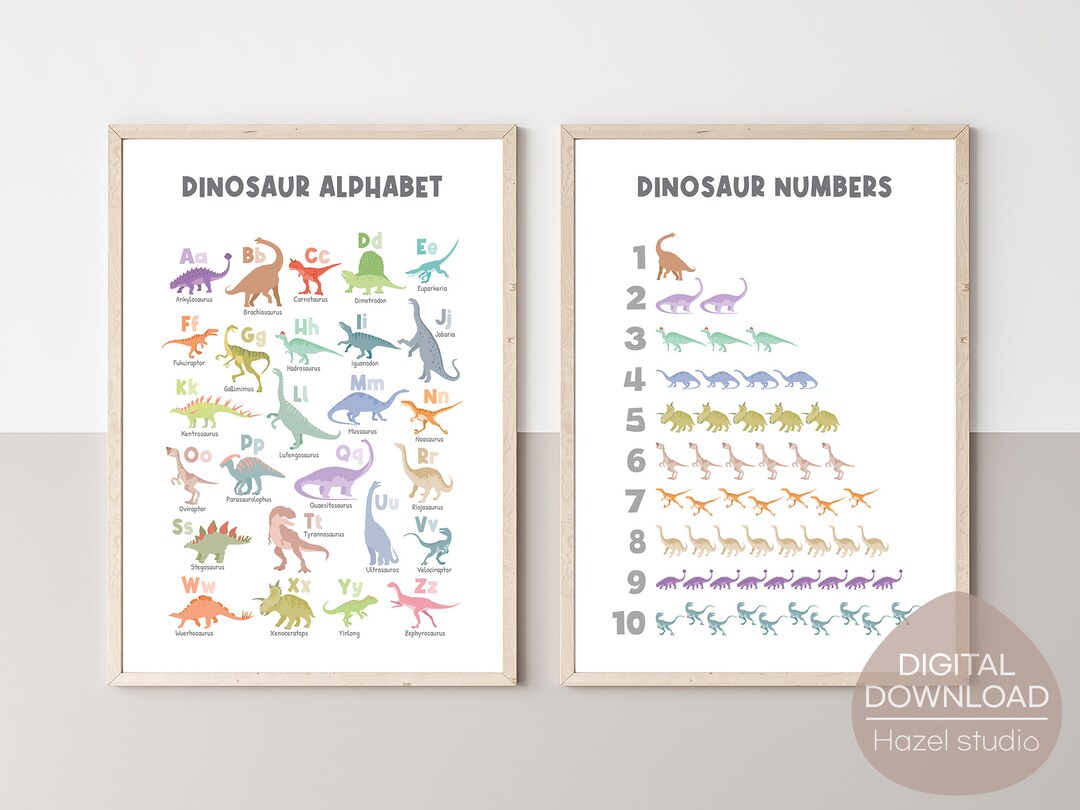 Educational Posters Set of 2, Dinosaur Alphabet, Numbers Prints ...