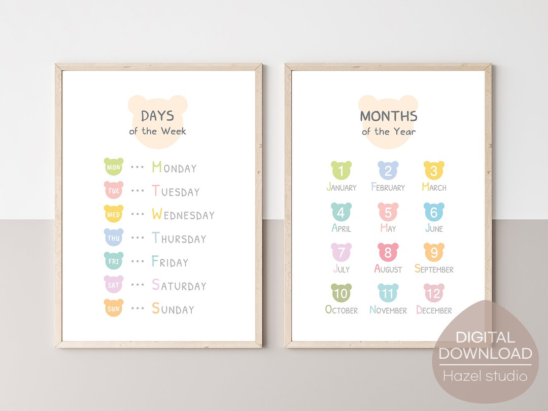 Classroom Posters Set of 2, Days of the Week, Months of the Year Poster ...