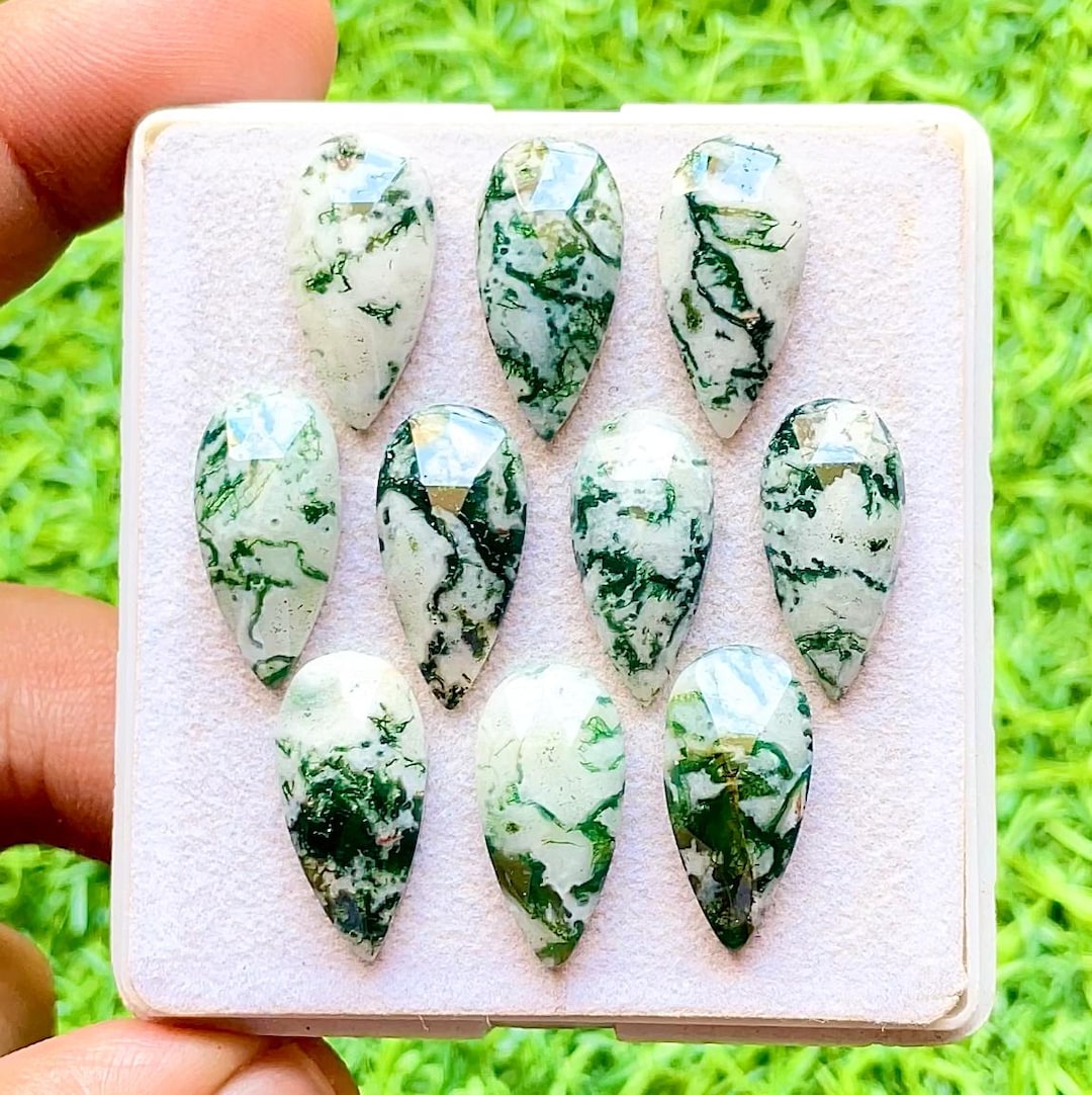 Tree Moss Agate 10X20 MM Rose Cut Pear Shape With Flat Back Gemstone 10 ...