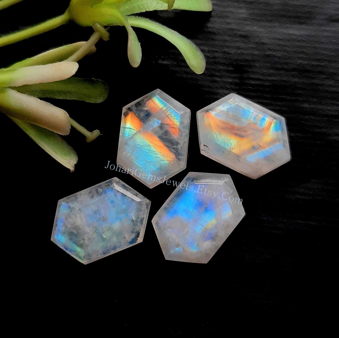 Rainbow Moonstone Step Cut 10X15 MM Hexagon Gemstone 4 Pieces Lot ...