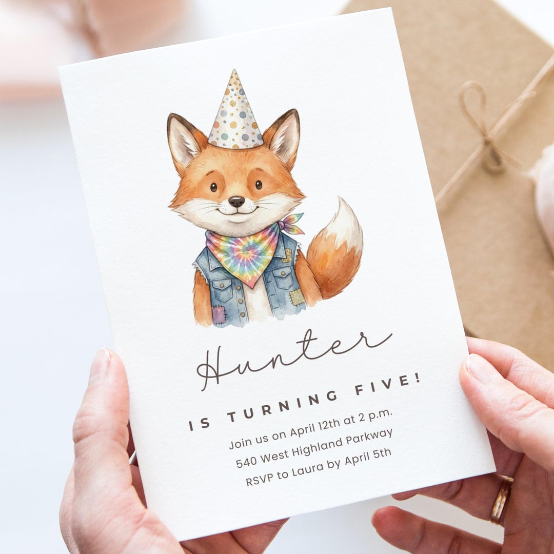 Watercolor Fox Birthday Invitation Canva Template, Fox Party Invite DIY ...
