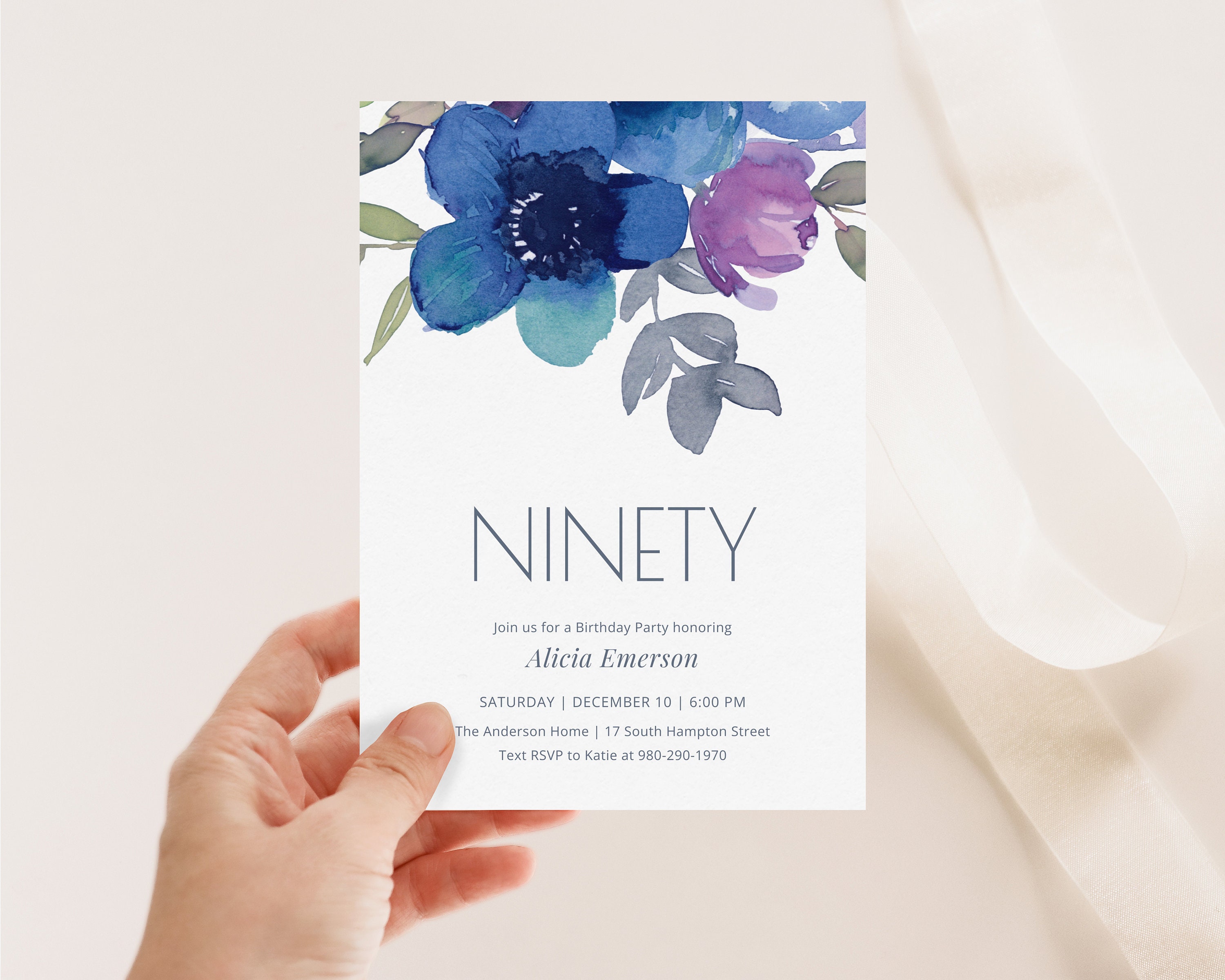 Blue Floral Birthday Party Invitation Printable Editable - Etsy